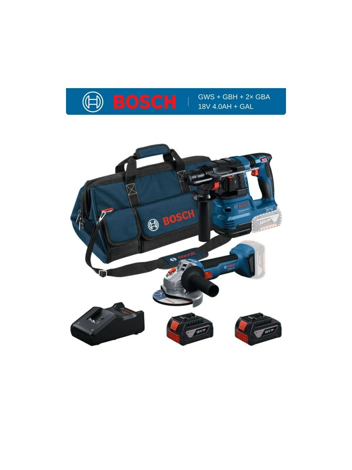 Набор электроинструментов Bosch Professional GWS + GBH, 18 В, 2 аккумулятора 4.0 Ач, зарядное устройство GAL 18V-40, сумка, с АКБ и ЗУ, арт. 0615V0003C