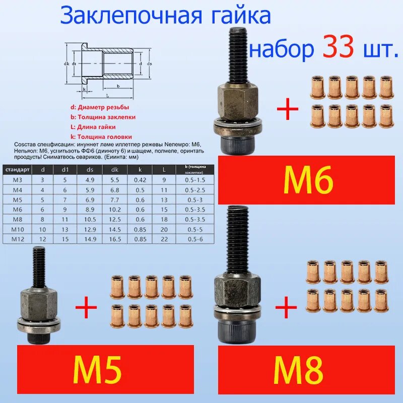 Инструмент для установки резьбовых заклепок / Адаптер для шуруповерта / Заклепки резьбовые М5 М6 М8