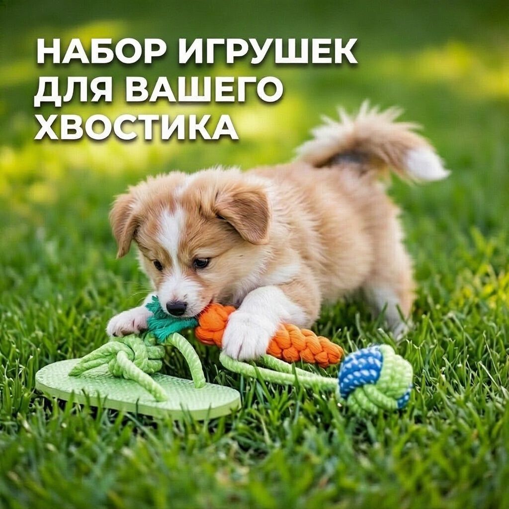 Набор игрушек 3 шт для щенков и собак мелких и средних пород / игрушка мяч- канат тапок и морковка