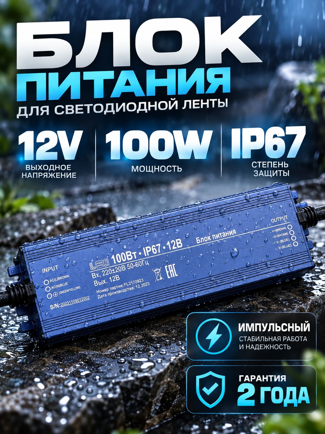 Блок питания 12v для светодиодных лент 100W IP67 , преобразователь напряжения 220 в 12 вольт