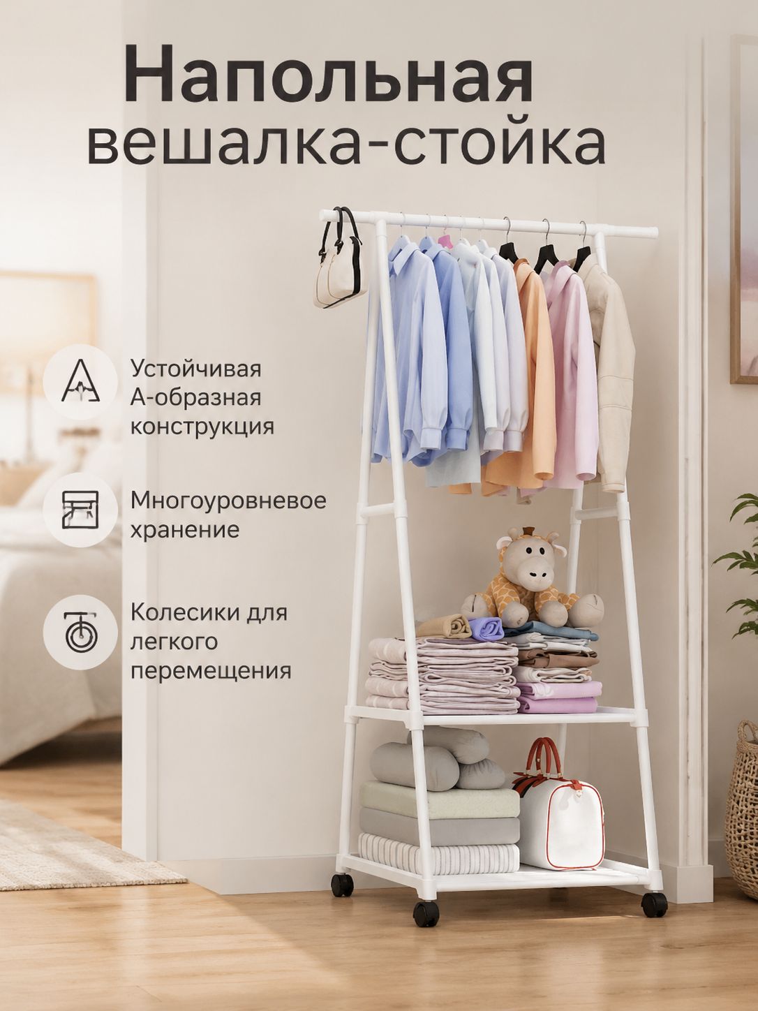 Напольная вешалка треугольная, металлическая, с полками и колёсами, белая