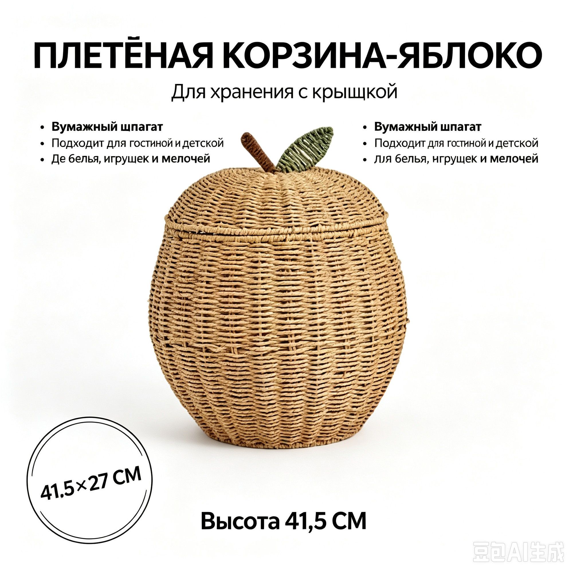 Корзина для хранения с крышкой, в форме яблока, перевязанная бумажным шпагатом, гостиная и спальня, 41x27 см