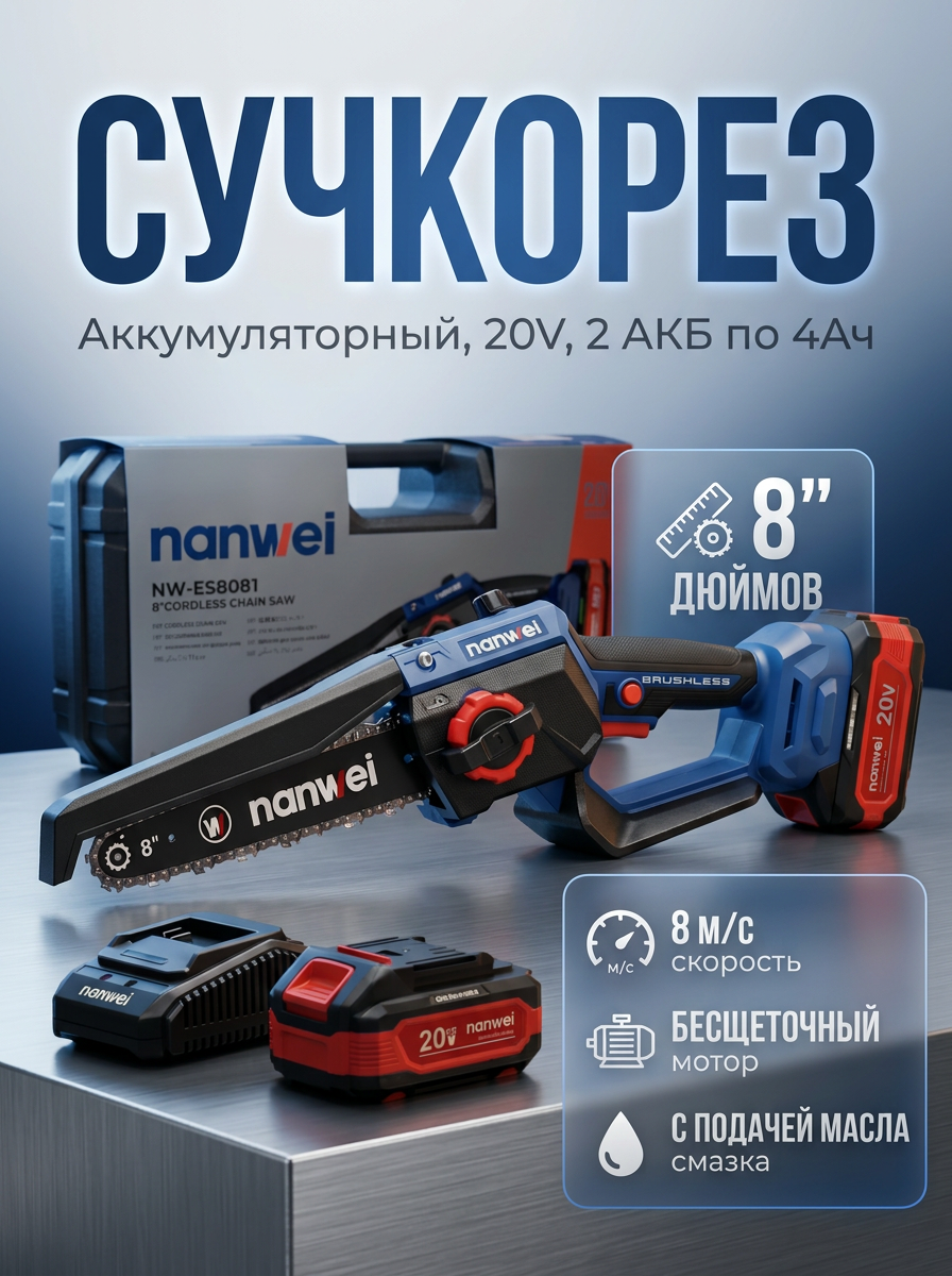 Пила аккумуляторная цепная, садовая, бесщеточная, 8 дюймов, 2 акб, кейс