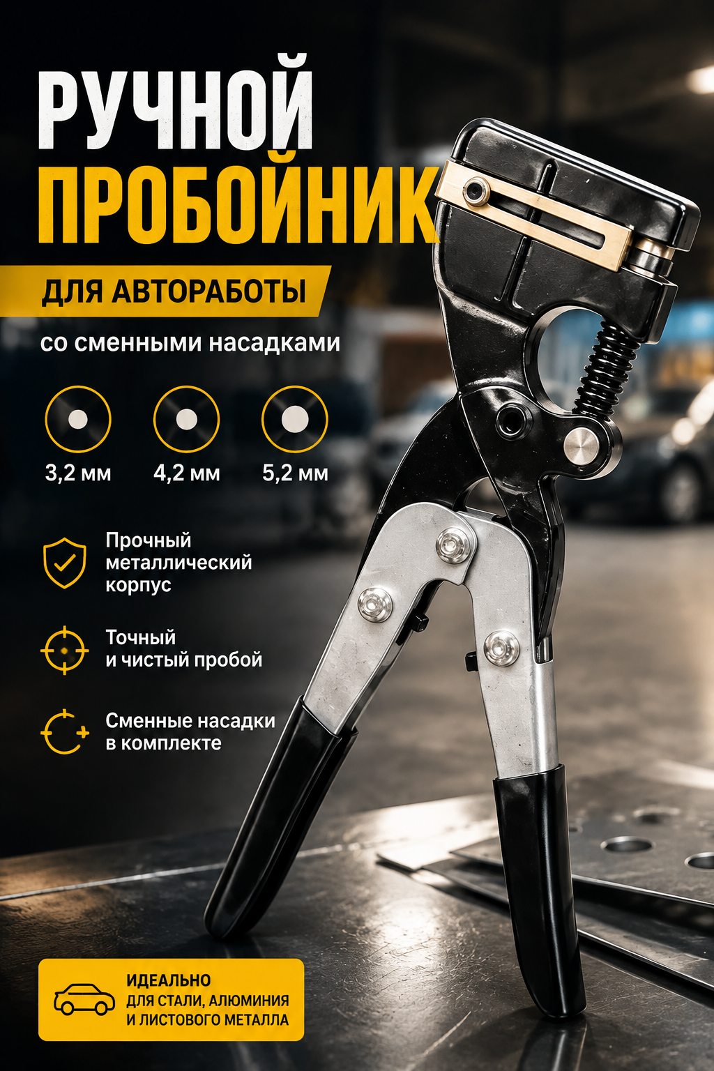 Ручной пробойник для автоработы со сменными насадками 3,2 4,2 и 5,2 мм