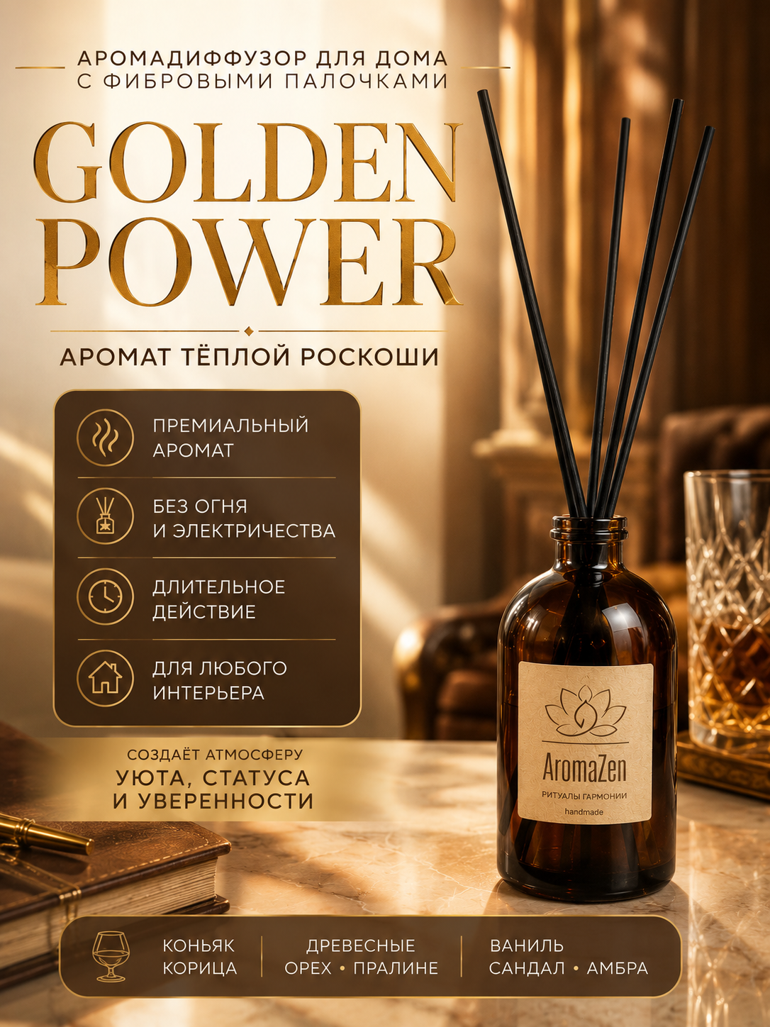 AromaZen Аромадиффузор Golden Power / Диффузор для дома с палочками