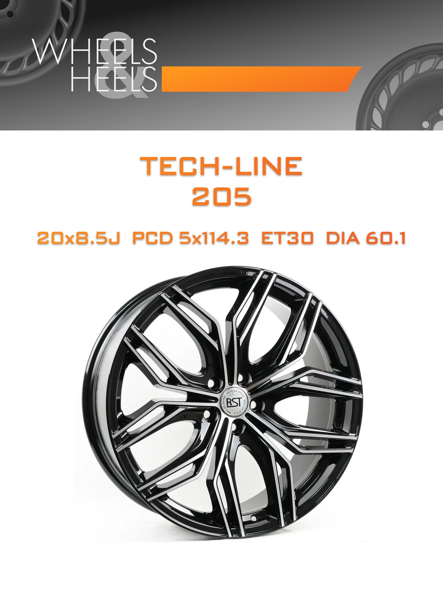 Диск автомобильный литой Tech-Line 205 20x8.5 5x114.3 et30 dia60.1 Чёрный с полированной лицевой частью