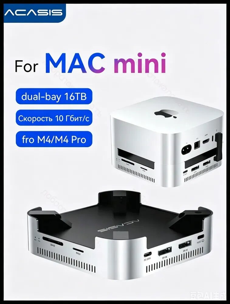 Док-станция Acasis для Mac Mini с интерфейсом USB-C 10 Гбит/с, поддержкой DisplayPort 4K/144 Гц, двумя слотами NVMe M.2 SSD и зарядкой PD 30W для Mac Mini M4/M4 Pro