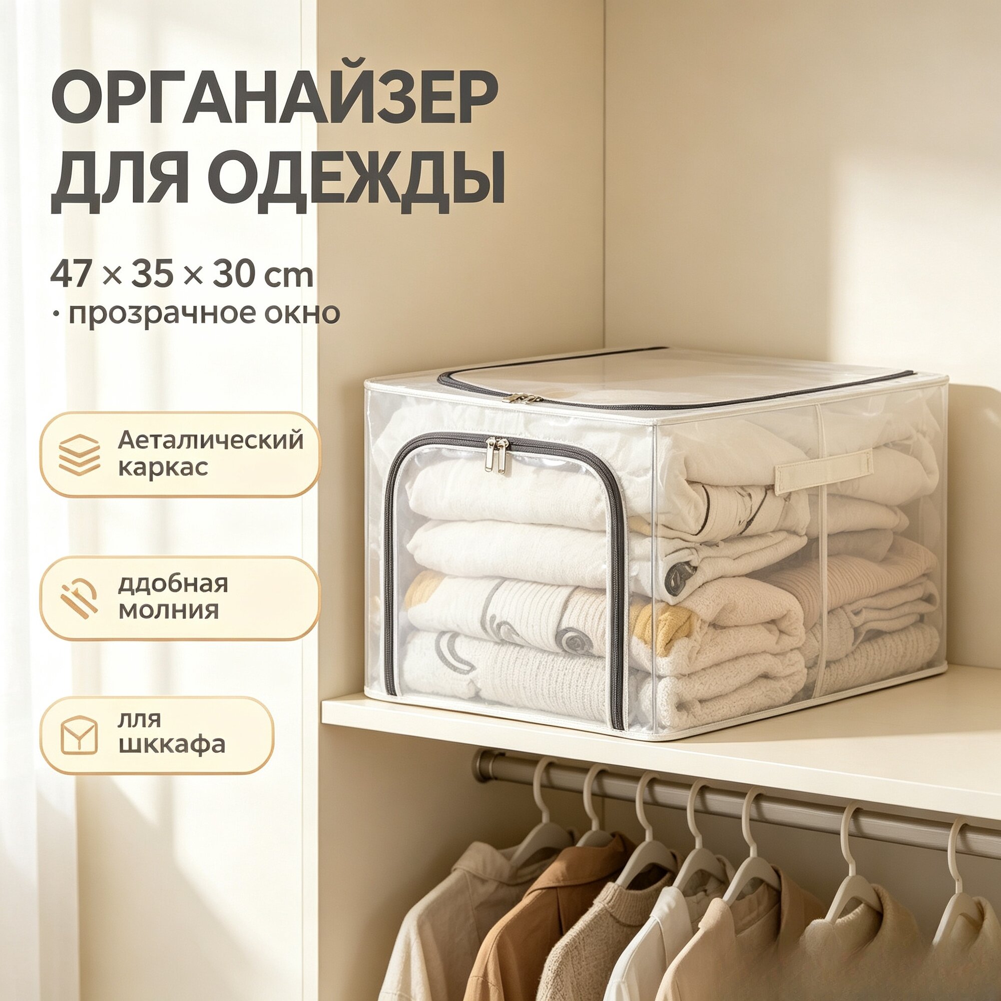 Прозрачный органайзер‑коробка для хранения одежды 47×35×30 см, с металлическим каркасом, молнией и ручками