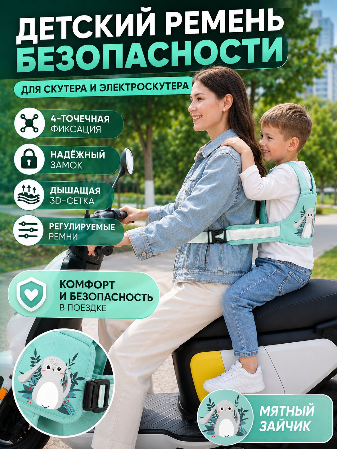 Детский ремень безопасности для скутера и электросамоката, 4‑точечная фиксация, универсальный