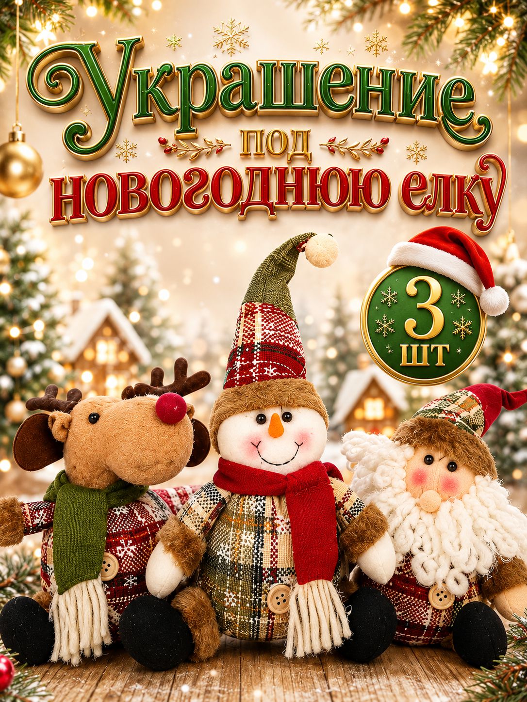 Набор из 3 тканевых рождественских фигурок: лось 18 см, снеговик 25 см, Санта-Клаус 26 см, праздничный декор
