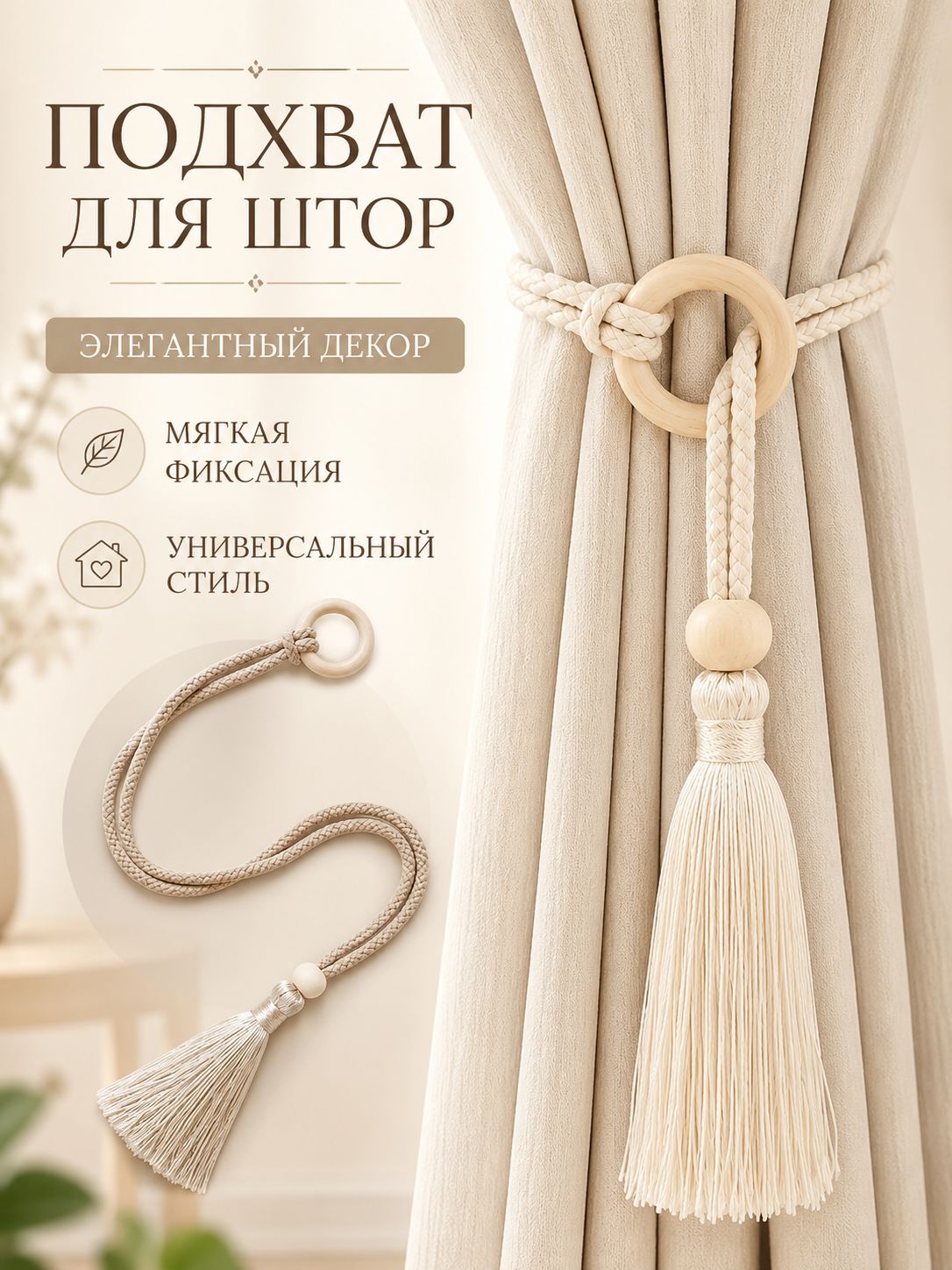 Комплект из одной шторной завязки с регулируемым деревянным кольцом и кисточкой, бежевый