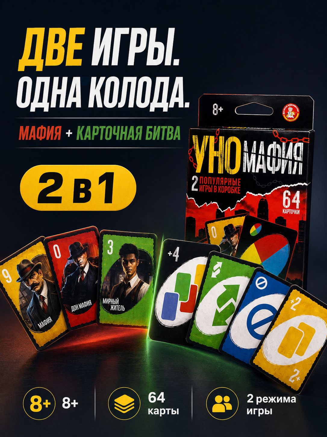 Уномафия настольная игра 2 в 1 для компании 8+, Уно и Мафия