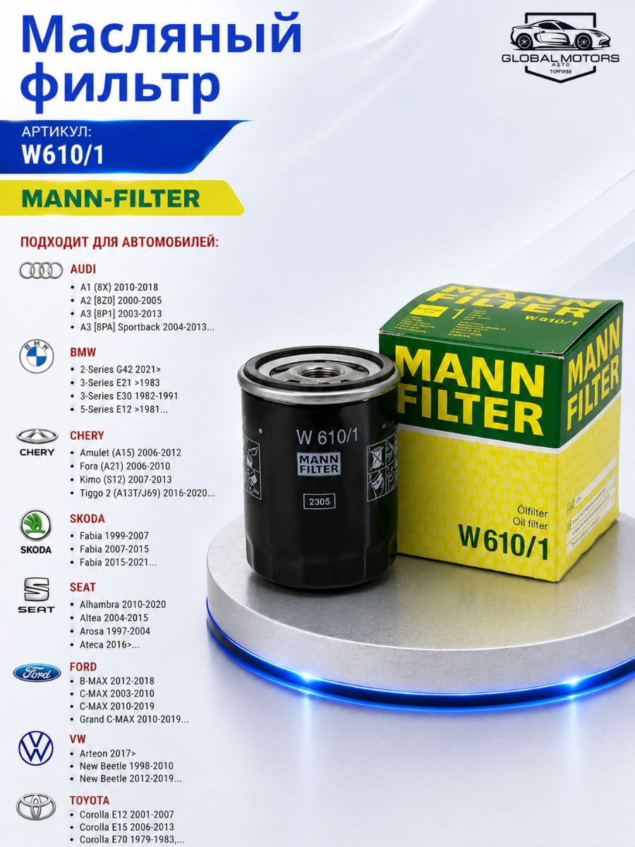 Масляный фильтр MANN-FILTER W610/1 (W6101) для Suzuki Grand Vitara Toyota Camry 40 2.0 // Фильтр масляный Сузуки Гранд Витара - Тойота Камри