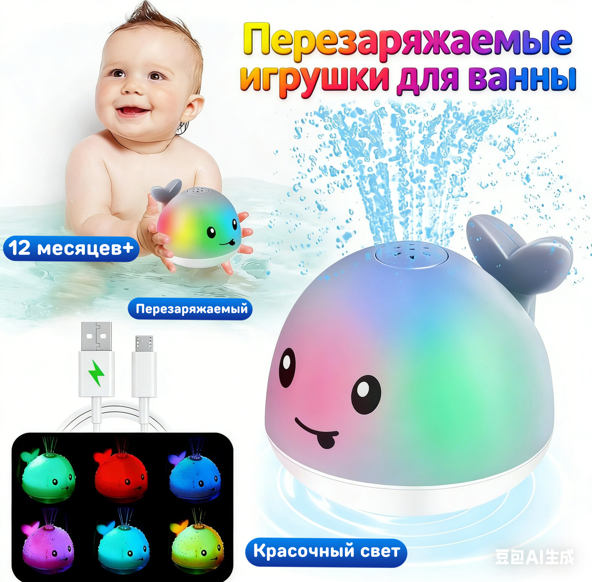 Перезаряжаемая игрушка для ванны Кит фонтан с фонтаном и подсветкой. Заряжается через USB. USB-кабель в комплекте.