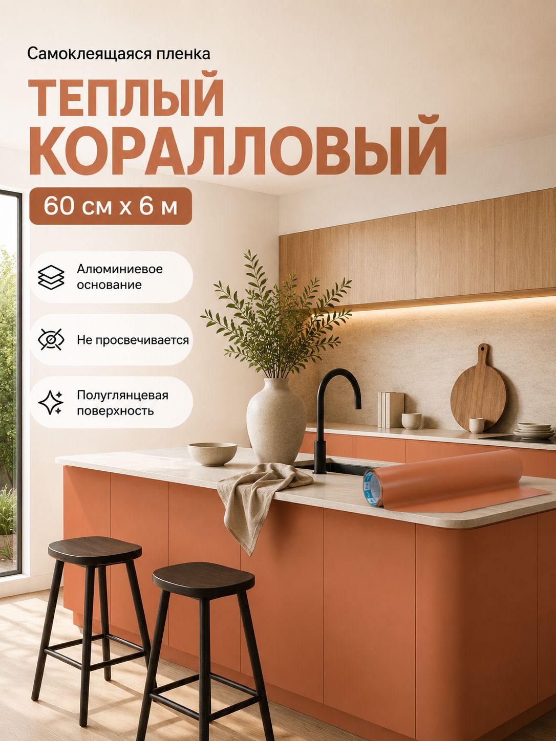 Пленка самоклеящаяся для мебели терракотовая матовая ПВХ 0,6 6 м для стен и декора
