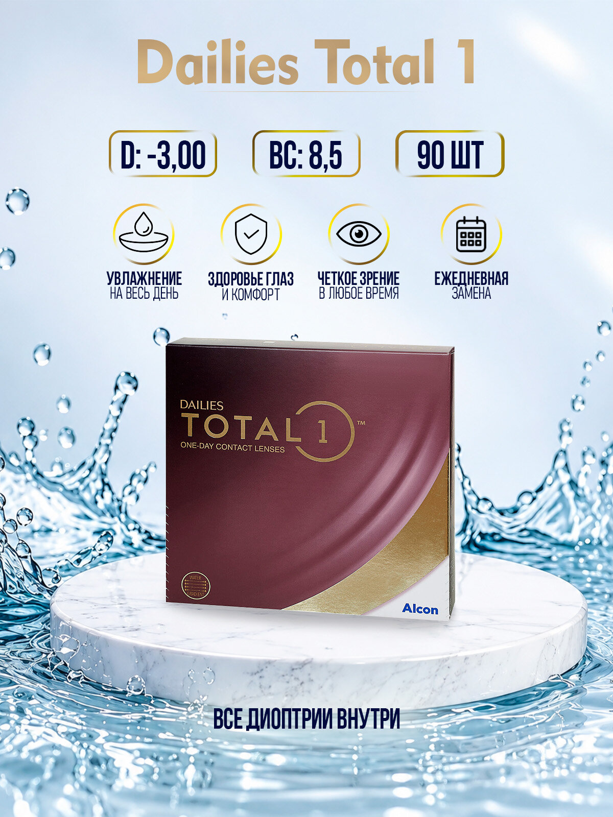 Мягкие контактные линзы Alcon ежедневные Dailies Total1, 90pk -3,00