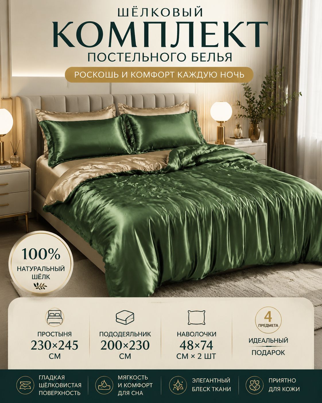 Комплект постельного белья 2-спальный искусственный шелк 200x230 см, наволочки 48x74, простыня 230x245 см