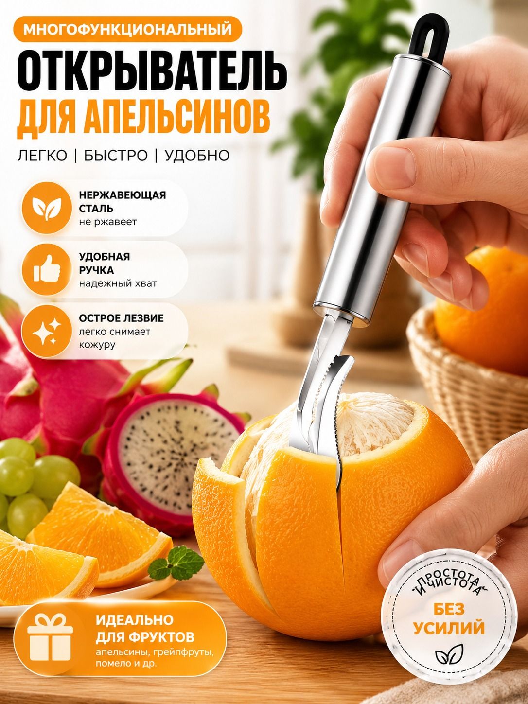 Нож для чистки апельсинов и лимонов из нержавеющей стали, эргономичная овощечистка для фруктов, кухонный инструмент