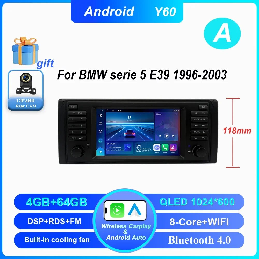 7-дюймовый беспроводной CarPlay Android Auto радио для BMW 5 серии E39 X5 E53 M5 A 4-64G CAM
