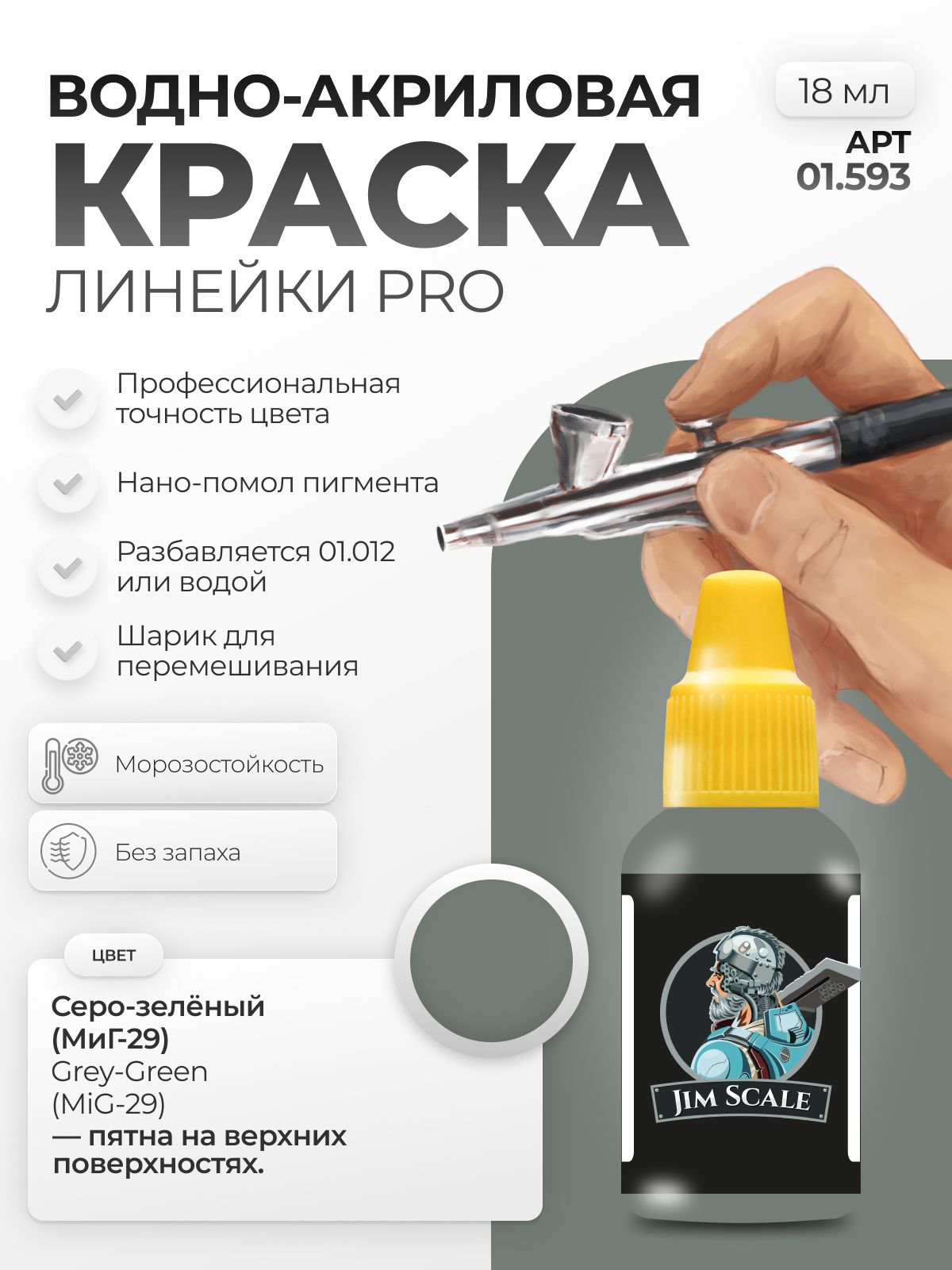 Акриловая краска для сборных моделей для аэрографа Jim Scale: Серо-зелёный (МиГ-29) Grey-Green (MiG-29) 18мл