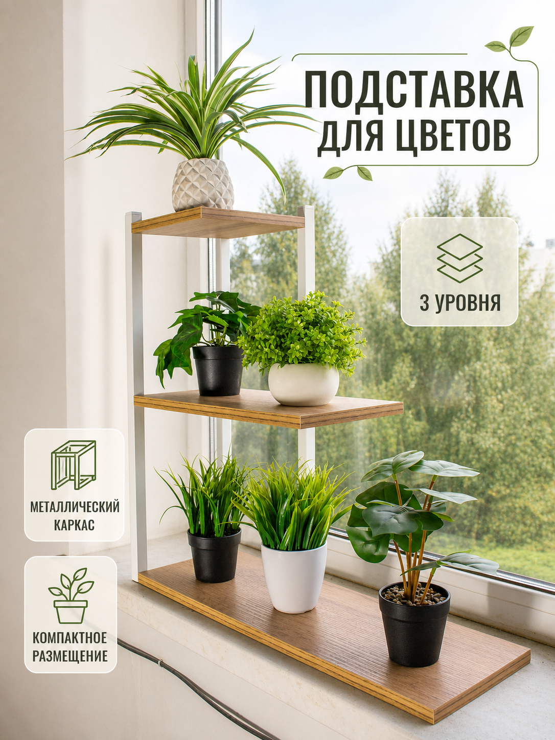 Подставка для цветов на подоконник AlisMi в стиле лофт, 3 полки, до 6 горшков, 62х20х61 см, дуб вотан / белый