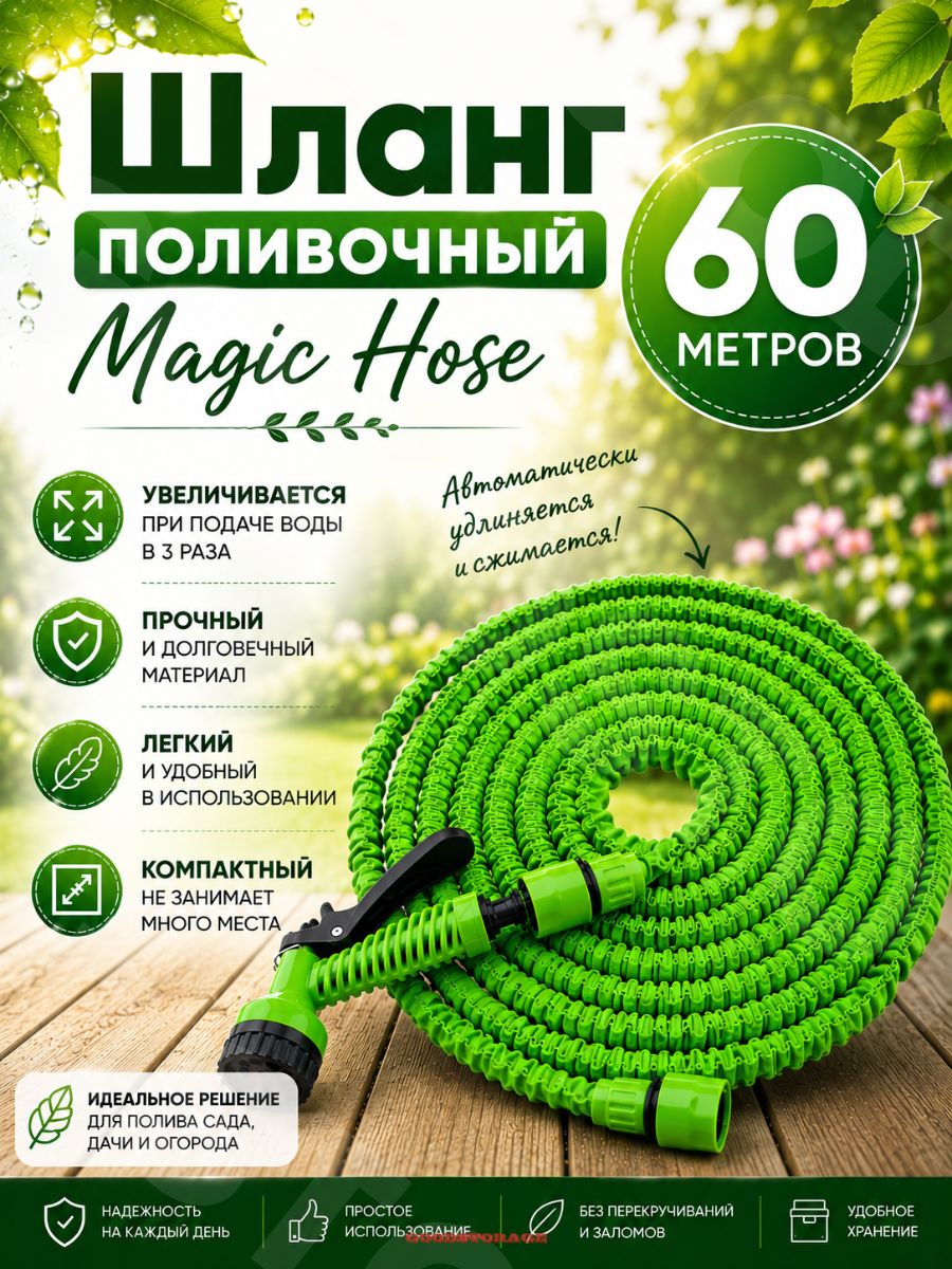 Шланг поливочный Magic Hose 60 м, зеленый