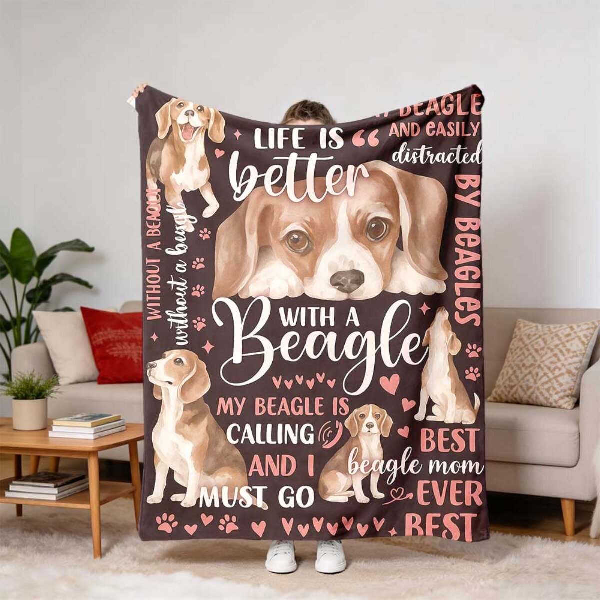 Фланелевый плед с принтом бигля и надписью Life Is Better with a Beagle, 100х75 см