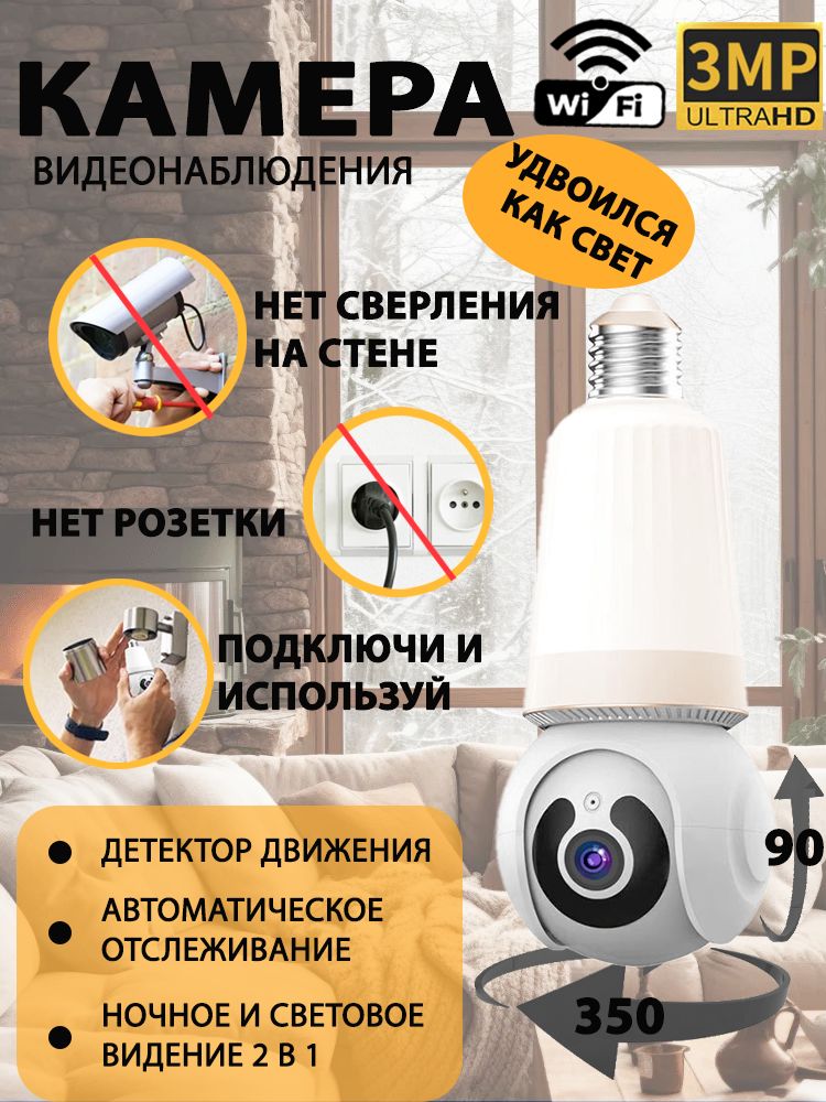 Умная домашняя Wi-Fi лампа с камерой: HD-видео с панорамным обзором 360 , удаленное управление через приложение, без слепых зон