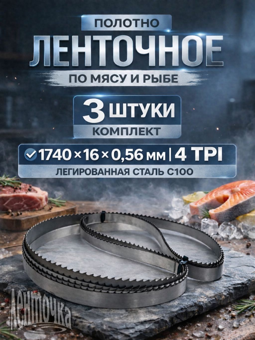 3 шт. Полотно для ленточной пилы 1740x16x0.56х4TPI по мясу, кости и рыбе (Meat master, каленый зуб)
