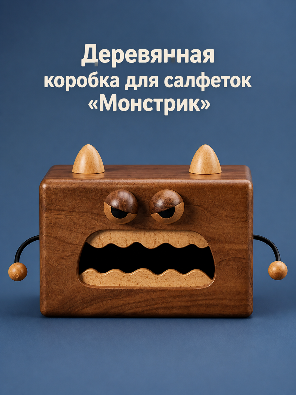 Декобокс, деревянный, в форме монстрика, для салфеток, с крышкой-рожками, 19×10,4×12,5 см