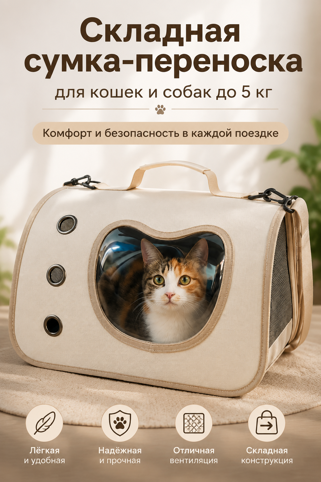 Складная сумка-переноска для кошек и собак до 5 кг, 40×26×22 см