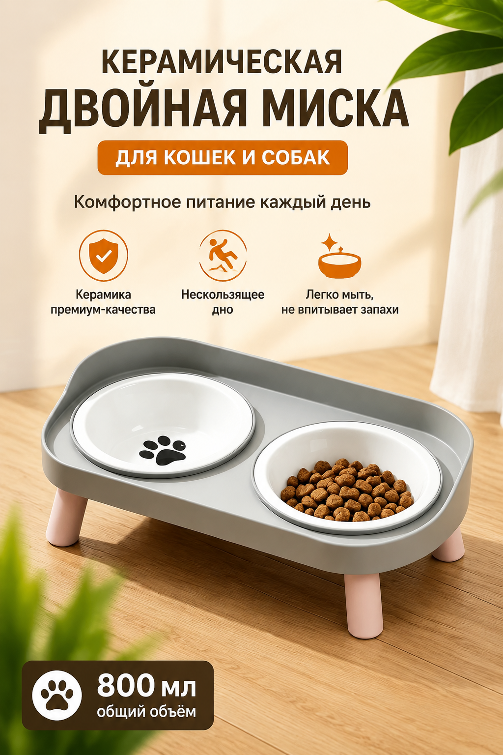 Керамическая двойная миска для животных 800 мл с нескользящим дном, серый