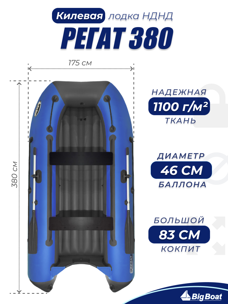 Надувная, под мотор, килевая лодка из ПВХ для рыбалки Regat (Регат) 380 НДНД