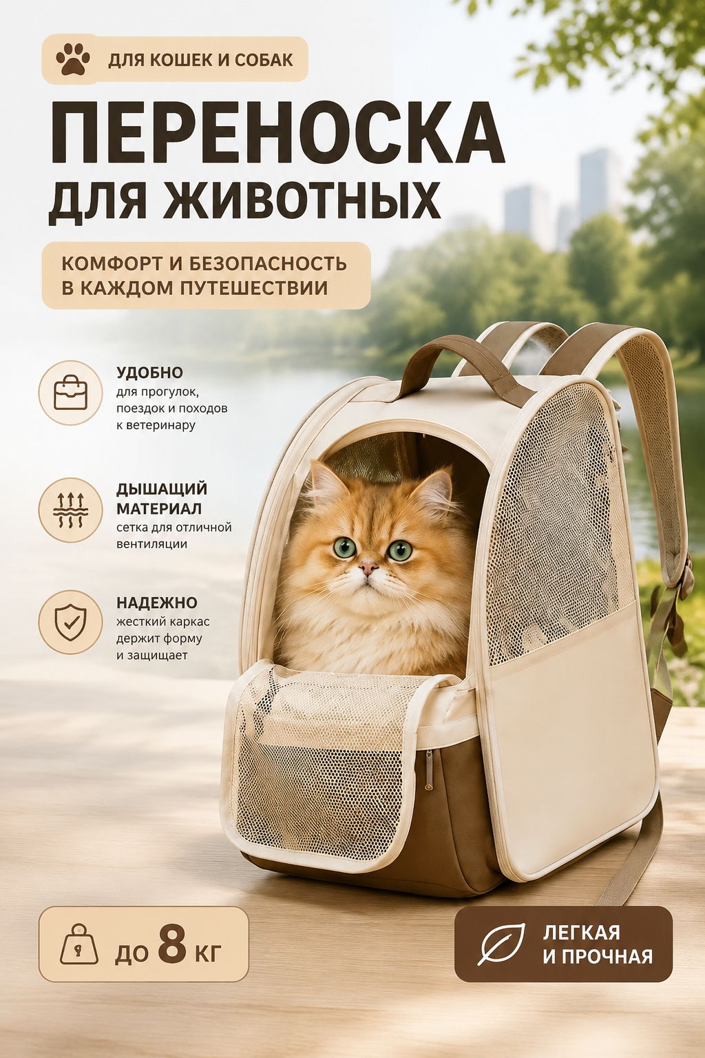 Переноска для кошек и собак из полиэстера, светлый бежевый, до 8 кг