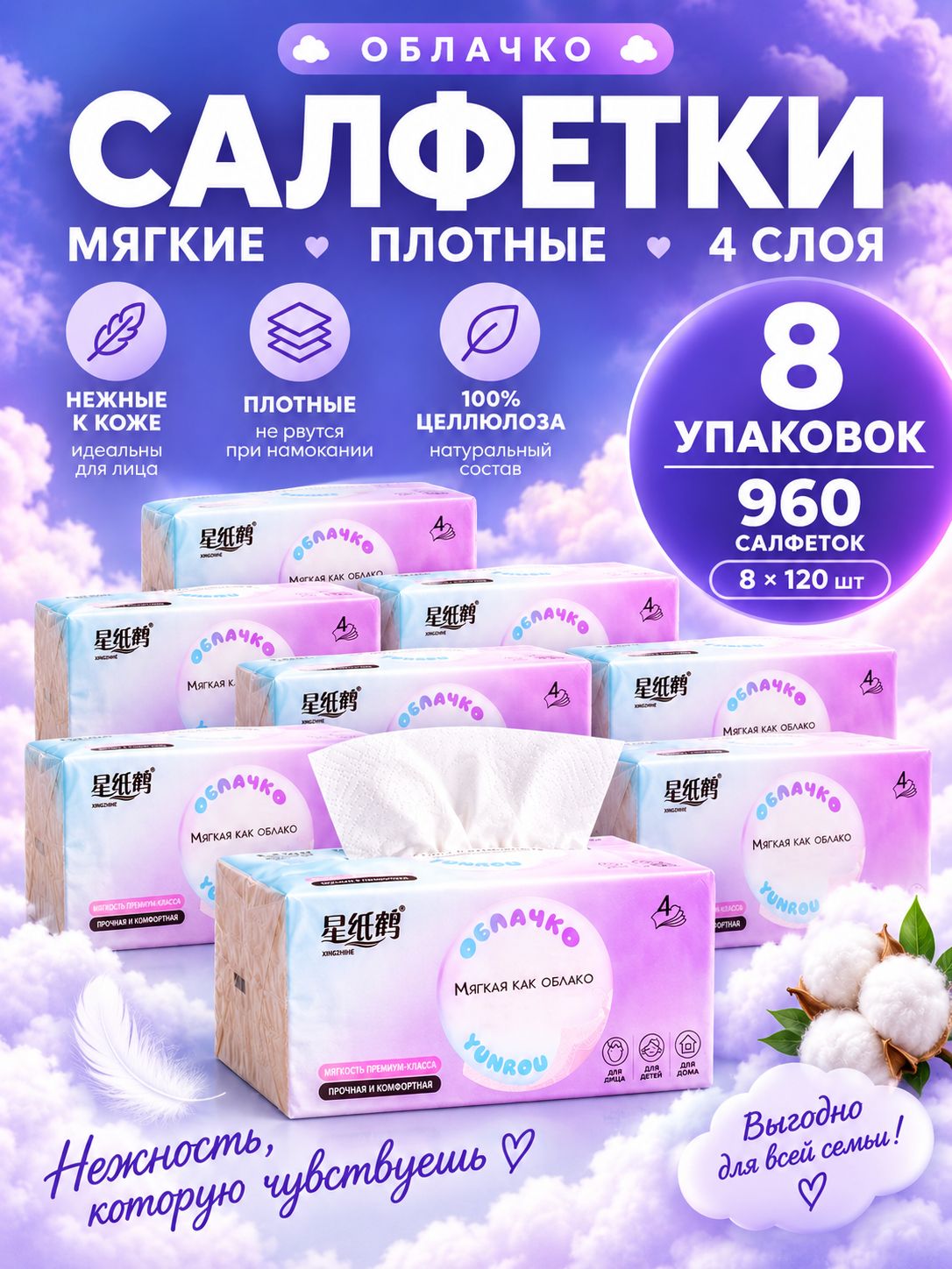 Салфетки бумажные сухие для лица и рук Xingzhihe "Облачко", детские/гигиенические, 4 слоя, мягкие, прочные, 100% целлюлоза, (одноразовые полотенца, носовые платочки), 8 уп*120 шт