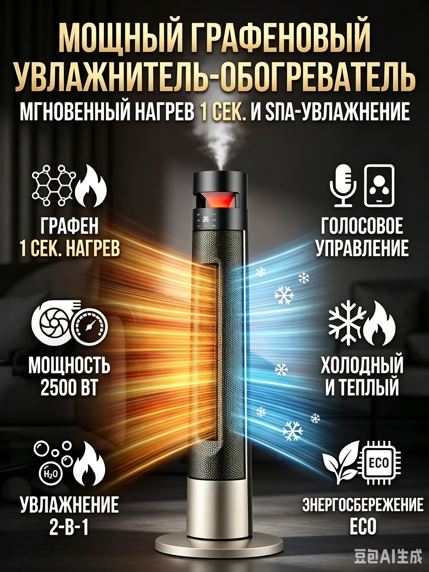 Вертикальный обогреватель с увлажнением воздуха, голосовой функцией и дистанционным управлением,