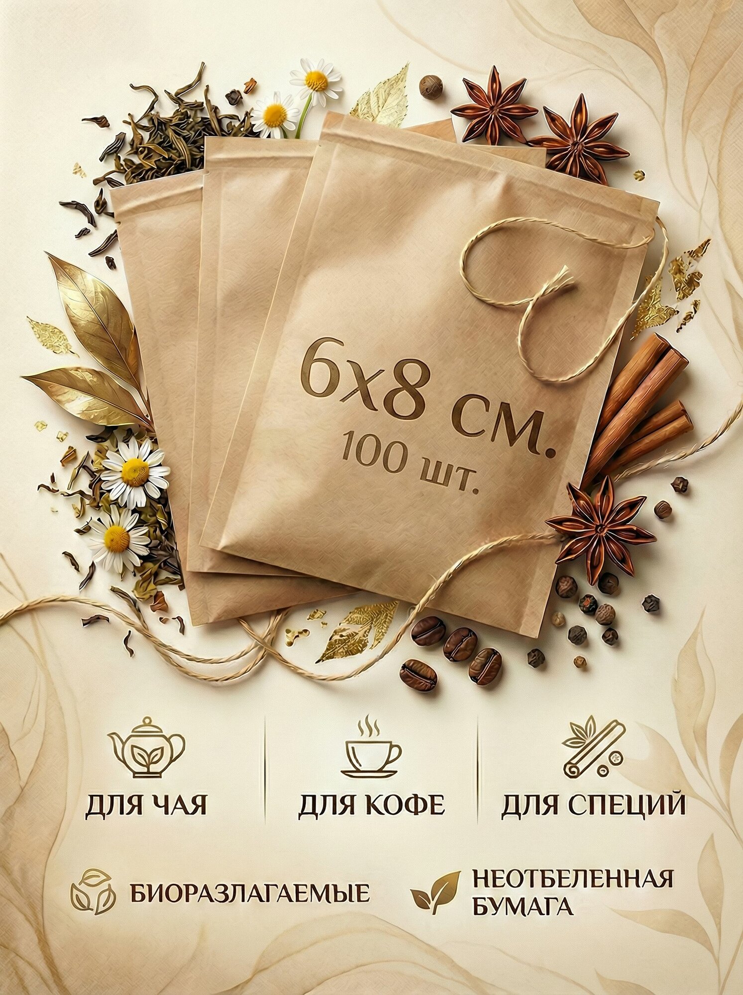 Пакетики для заваривания чая и кофе, 6х8 см, фильтр, бумага, биоразлагаемые, эко, для специй, 100 штук
