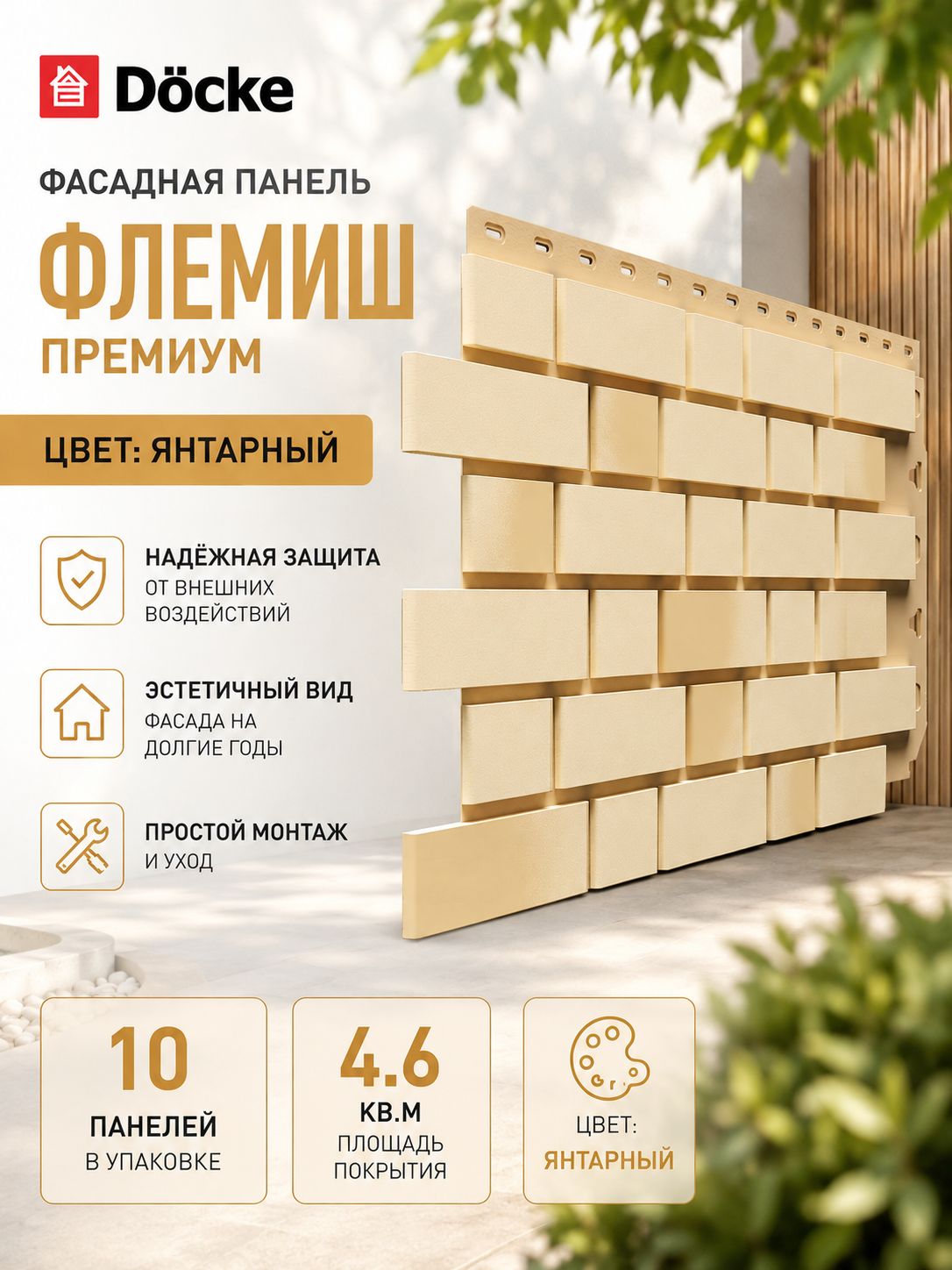 Docke фасадная панель для дома "Флемиш" Премиум - Янтарный (10 штук) 4,6 кв. м. / для стен, для цоколя, для фасада, Flemish