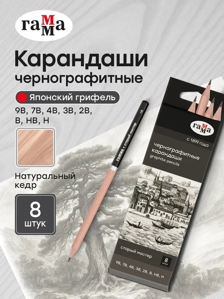 Карандаши простые для рисования и черчения, Гамма Старый Мастер, художественные набор для школы 8 шт