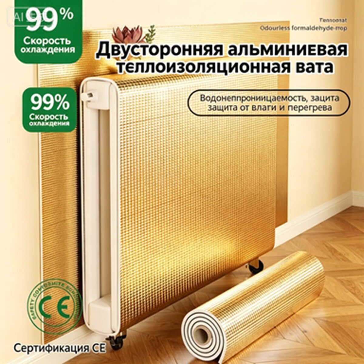 Пленка за батарею отопления, двусторонняя алюминиевая фольга, утеплитель EPE 3,5 мм, ширина 60 см,