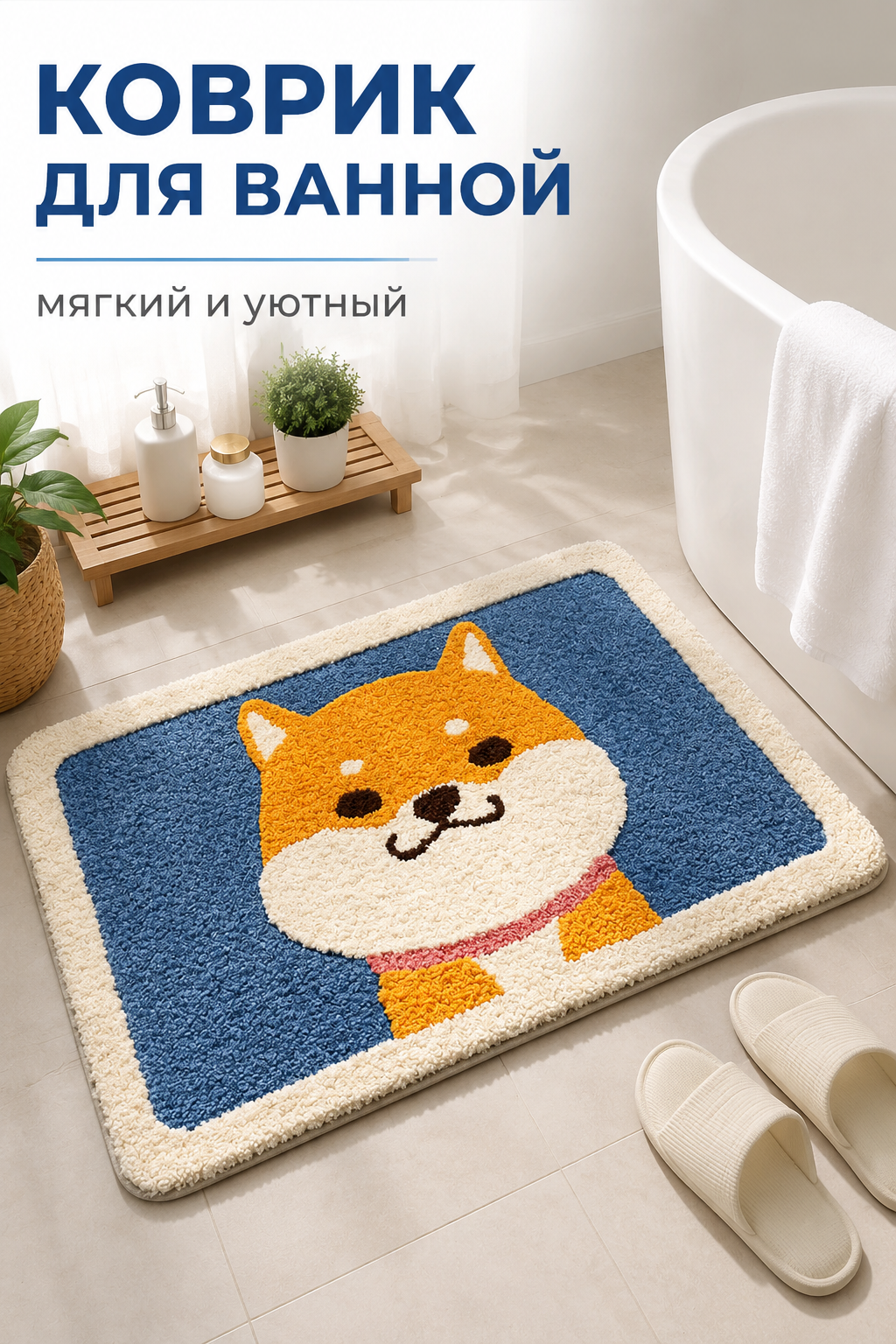Ворсовый коврик для ванной с противоскользящей резиновой основой, 50×80 см, синий