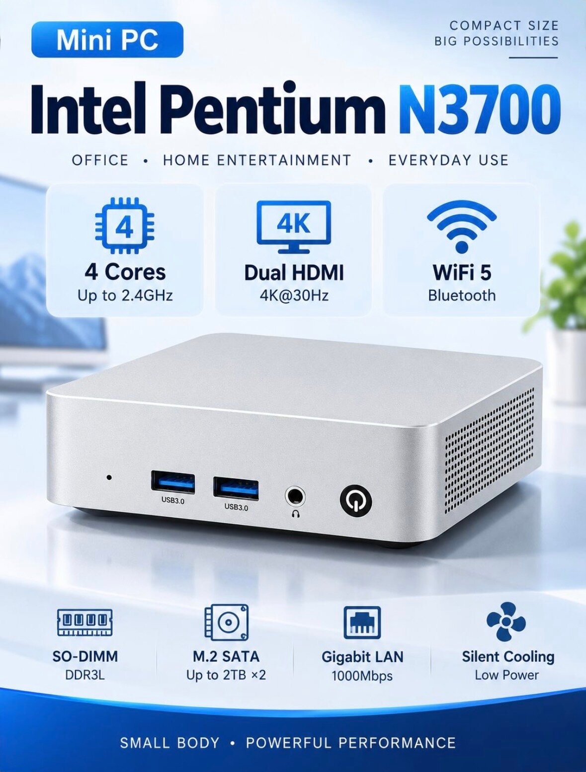 Мини-ПК W6, Intel Pentium N3700, 8GB RAM, SSD 128GB, Windows 10