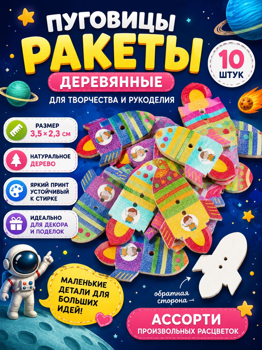 Пуговицы Ракеты - пуговицы декоративные для рукоделия деревянные, 3,5х2,3 см набор 10 штук ассорти
