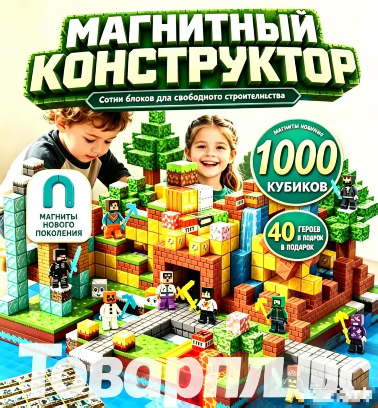 Магнитный конструктор Майнкрафт, 1000 деталей +40 фигурок, детская игрушка , в цветной коробке, подарок для ребёнка