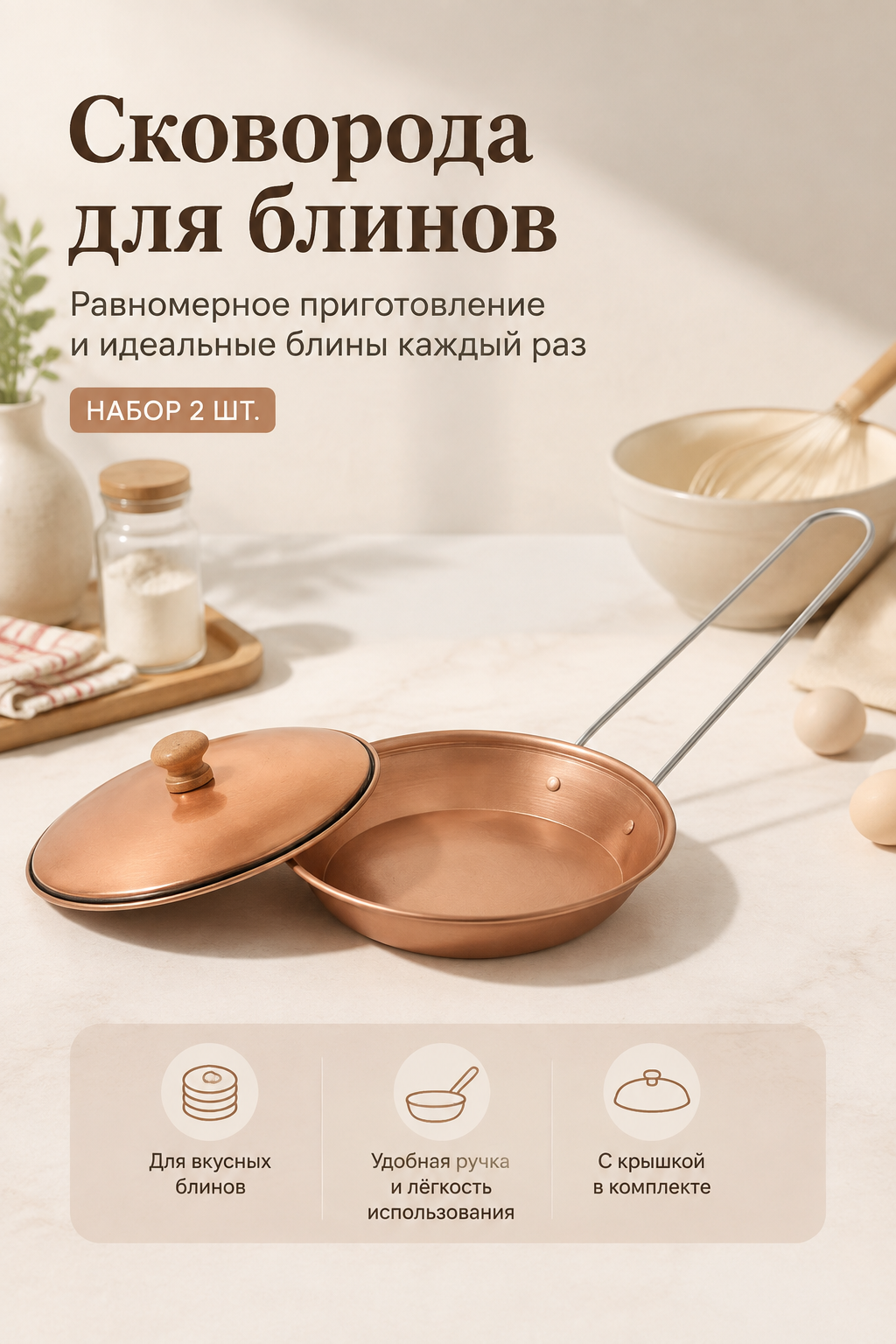 Сковорода для блинов с крышкой, круглая, набор 2 шт, ABS пластик