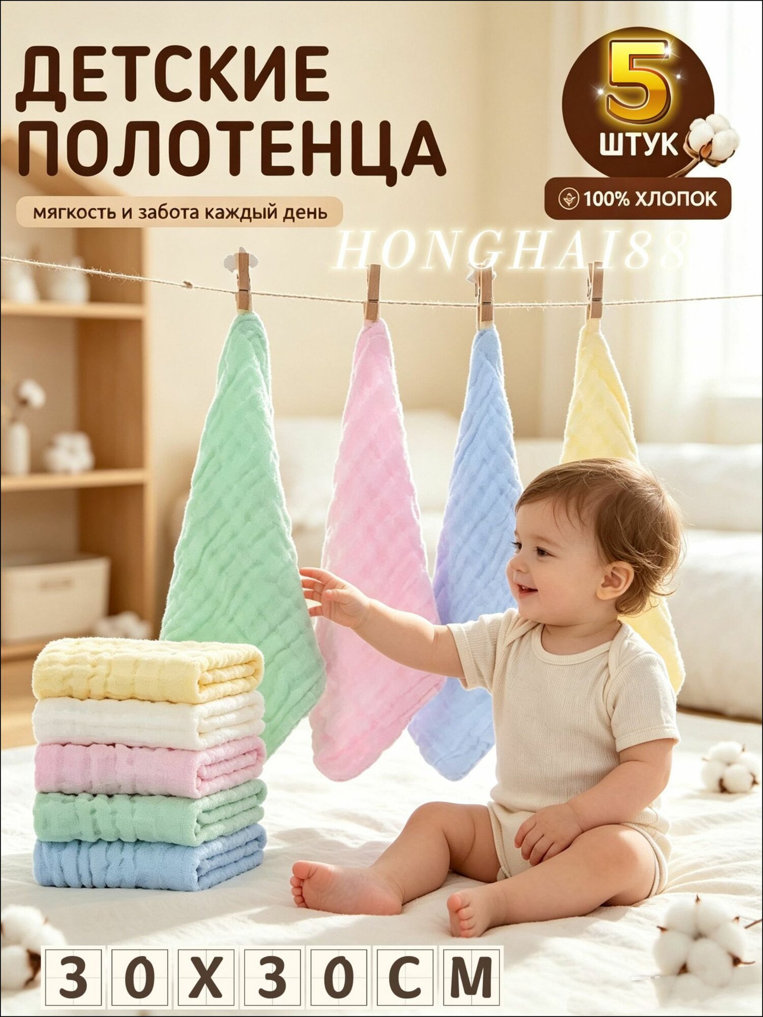 Полотенце для лица, рук 30x30 см, хлопок, махровая ткань, голубой, кремовый, 5 шт
