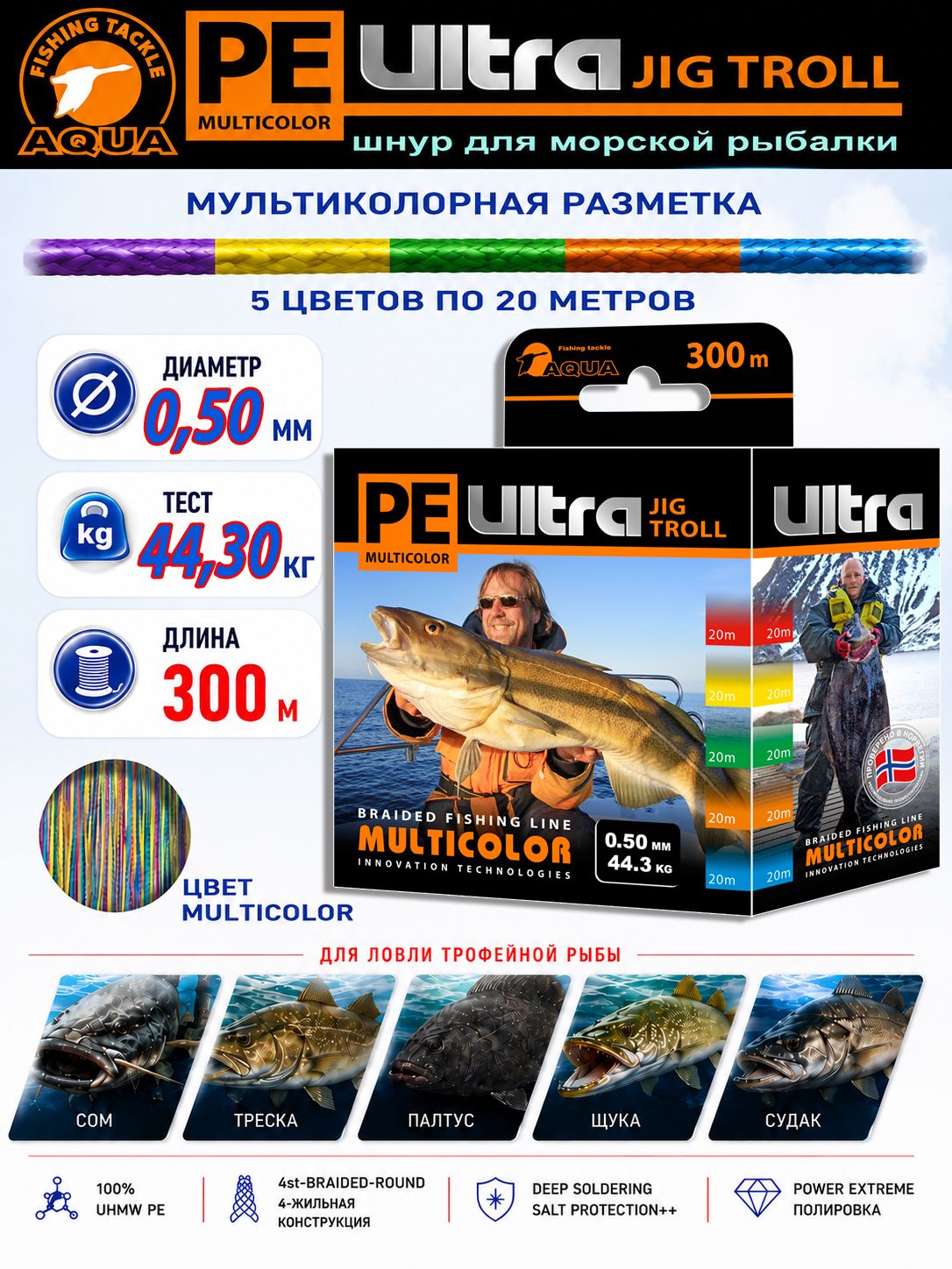 Плетеный шнур для морской рыбалки AQUA PE ULTRA MULTICOLOR JIG TROLL (20) 300m, 0,50mm, 44,30kg / плетенка 4 нити / покраска шнура мультиколор в пять цветов, смена каждые 20м