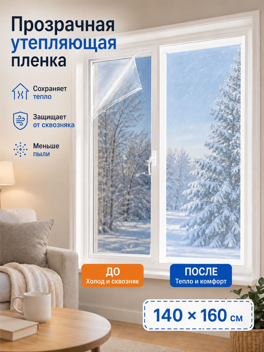 Теплоизоляционная пленка для окон прозрачная, зимнее утепление от холода и сквозняков, без сверления