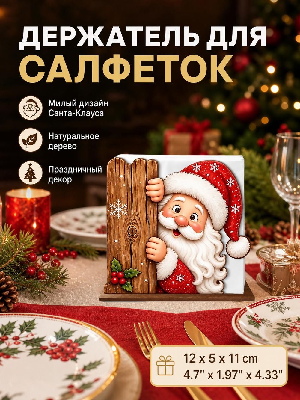Салфетница новогодняя, деревянная, с Дедом Морозом, 1 шт