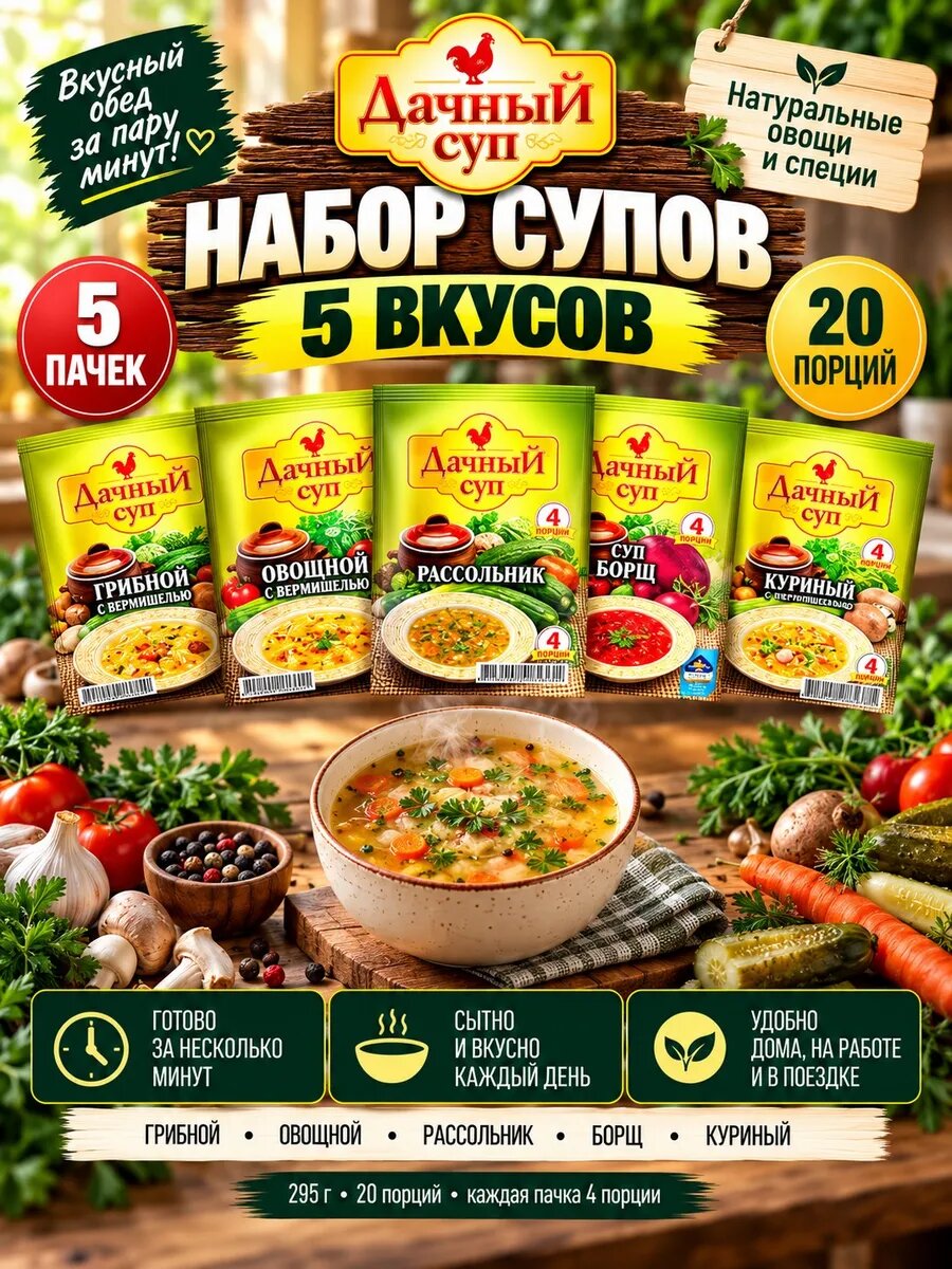 Набор супов 5 вкусов 295г грибной овощной рассольник борщ ку